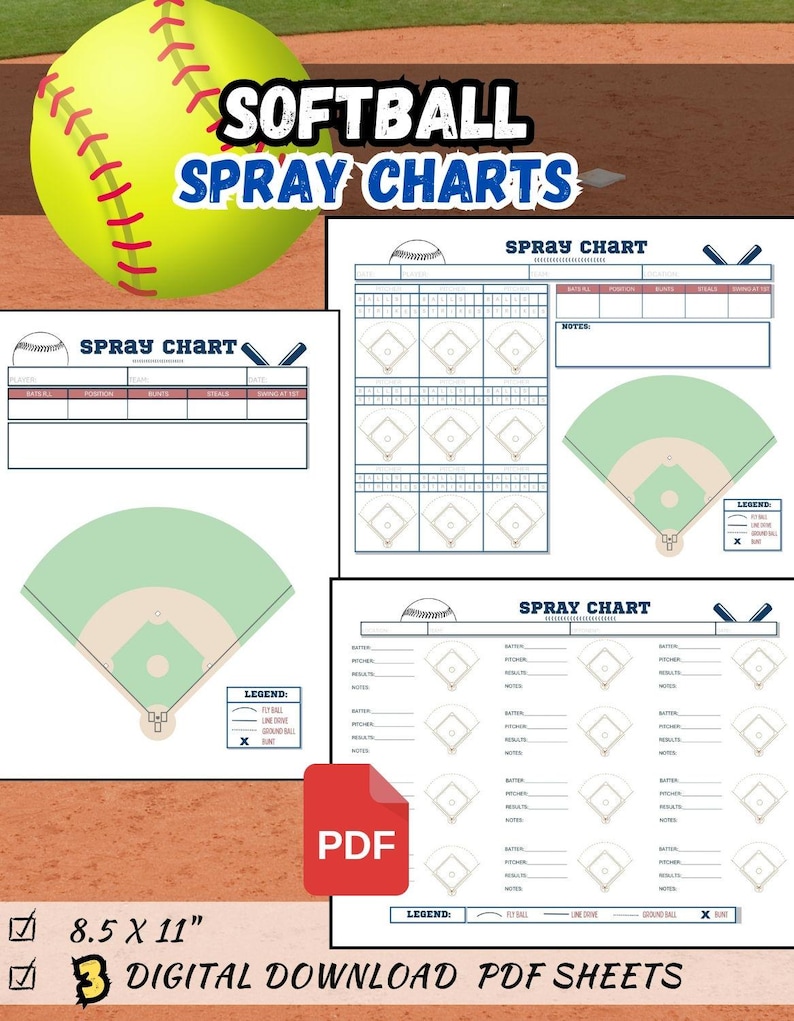 Softball SPRAY Chart Stat Sheets / 3 PDF File Digital Downloads ...