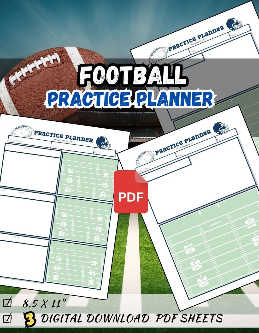 Football Field Practice Plan Sheets for Coach or Player 8.5x11 | 3 in ...