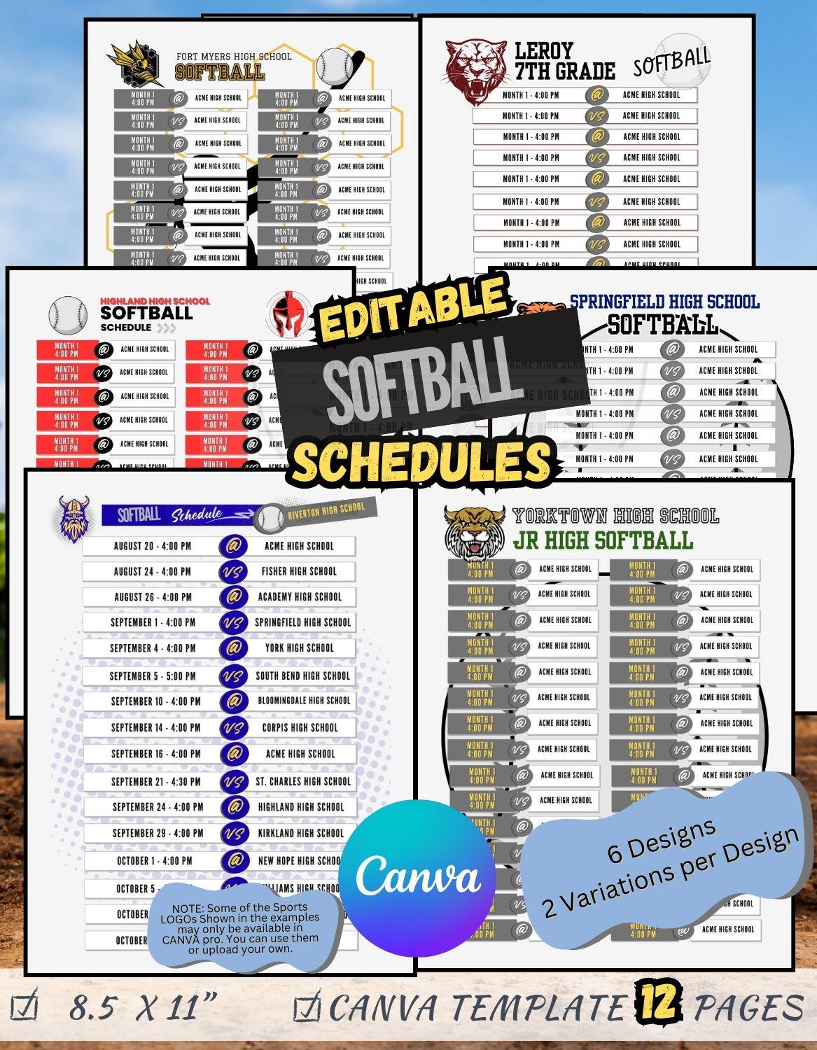 Editable SOFTBALL Schedule Template | 6 Designs, 2 Variations per ...