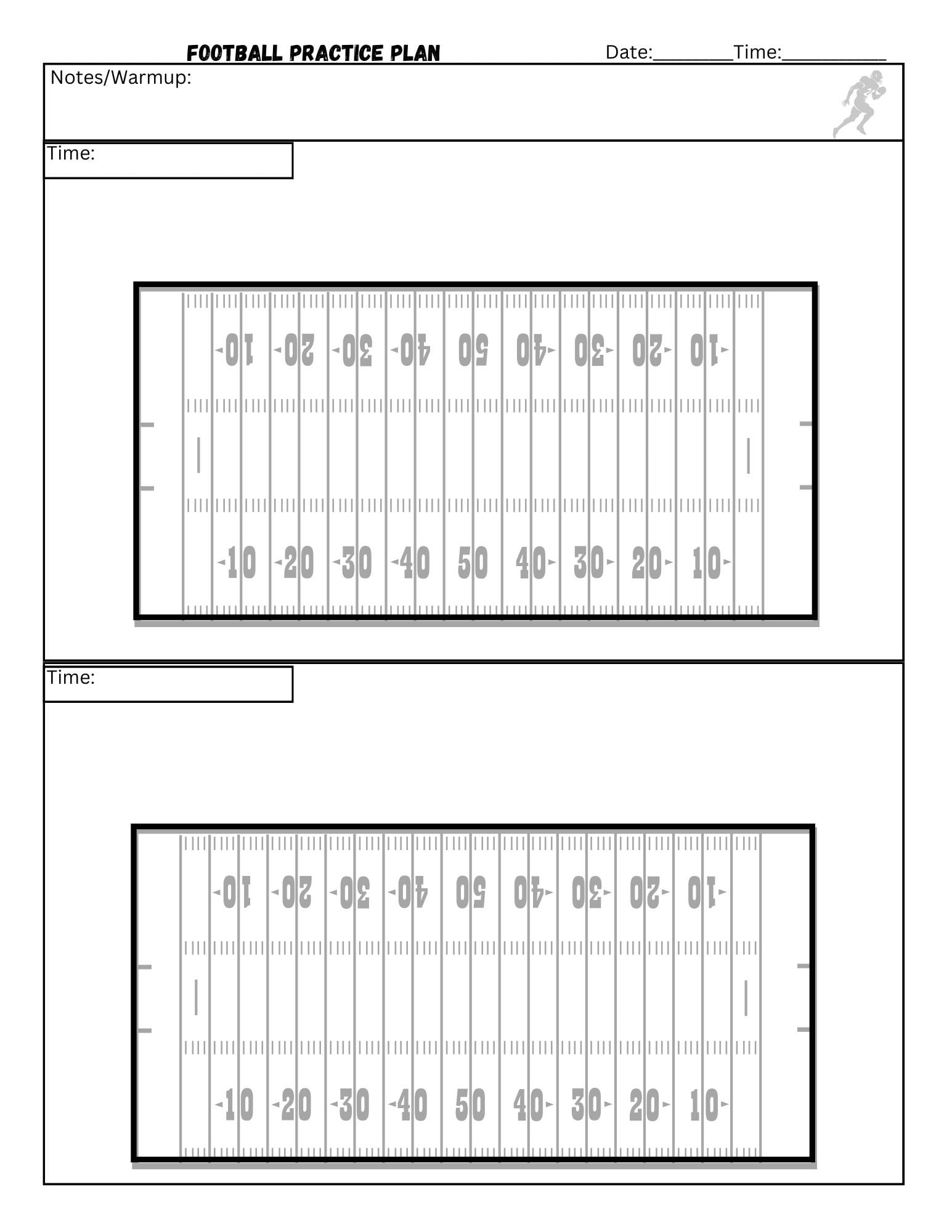 Football Field Practice Plan Sheets for Coach or Player 8.5x11 | 6 in ...
