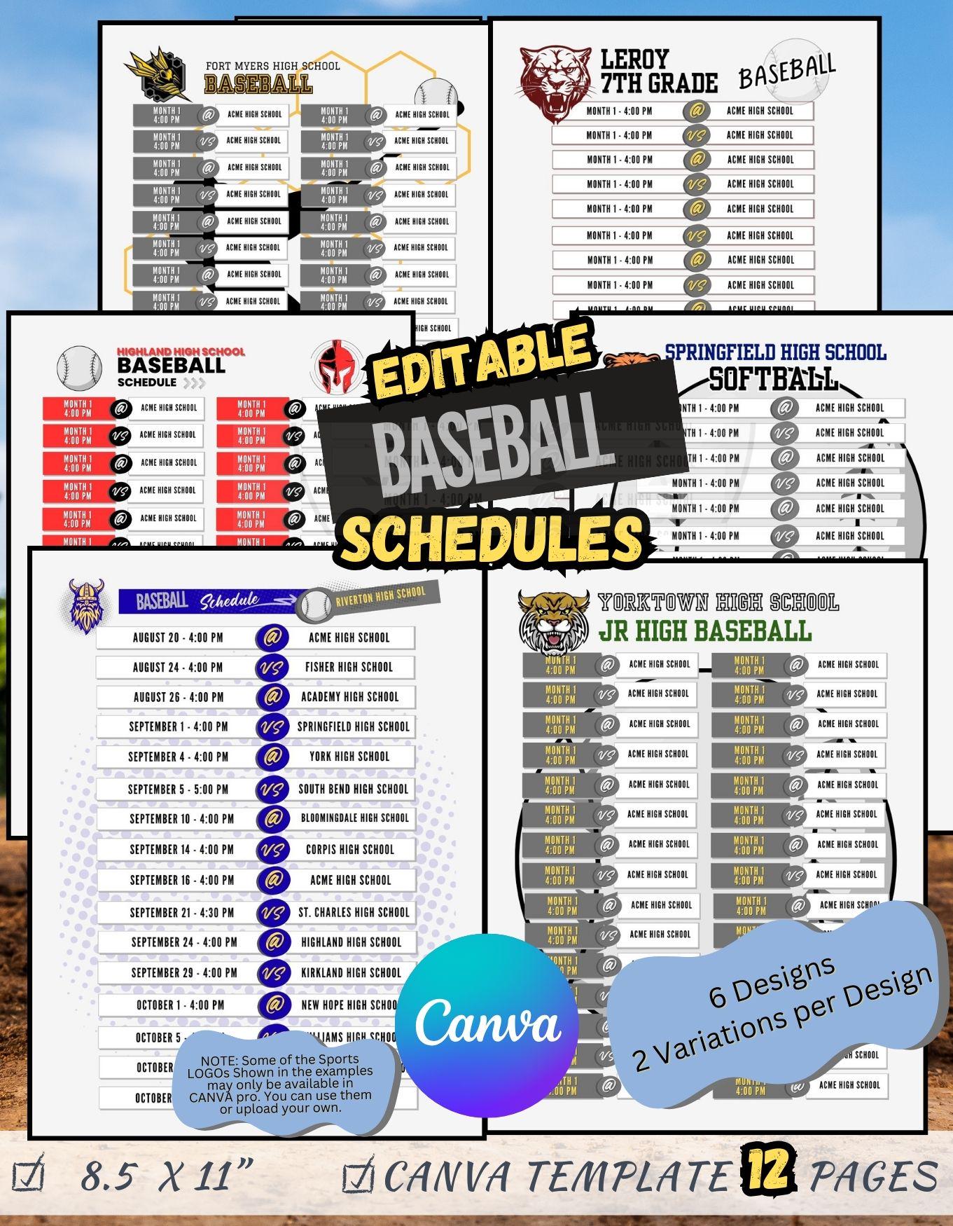 Editable BASEBALL Schedule Template | 6 Designs, 2 Variations per ...