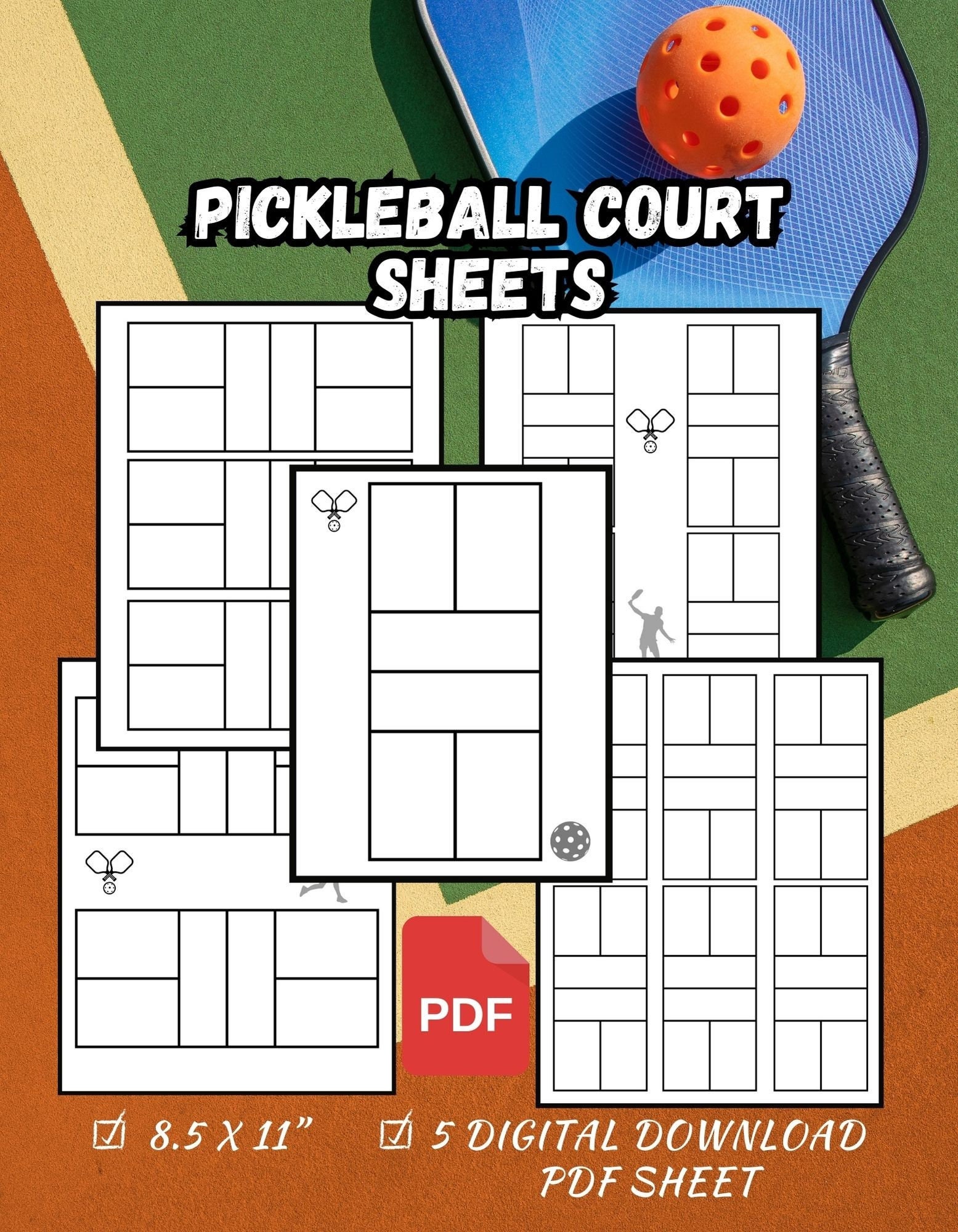 Pickleball Court Sheets for Pickleball Coach or Player 11x8.5 | 5 in ...