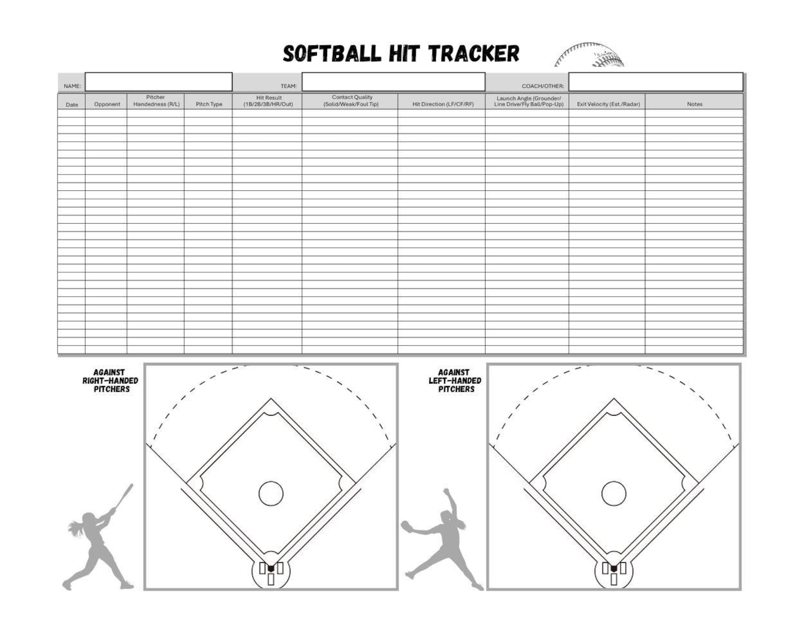 Softball Hit Tracker Sheet 8.5x11" | 1 Digital Download | Baseball ...