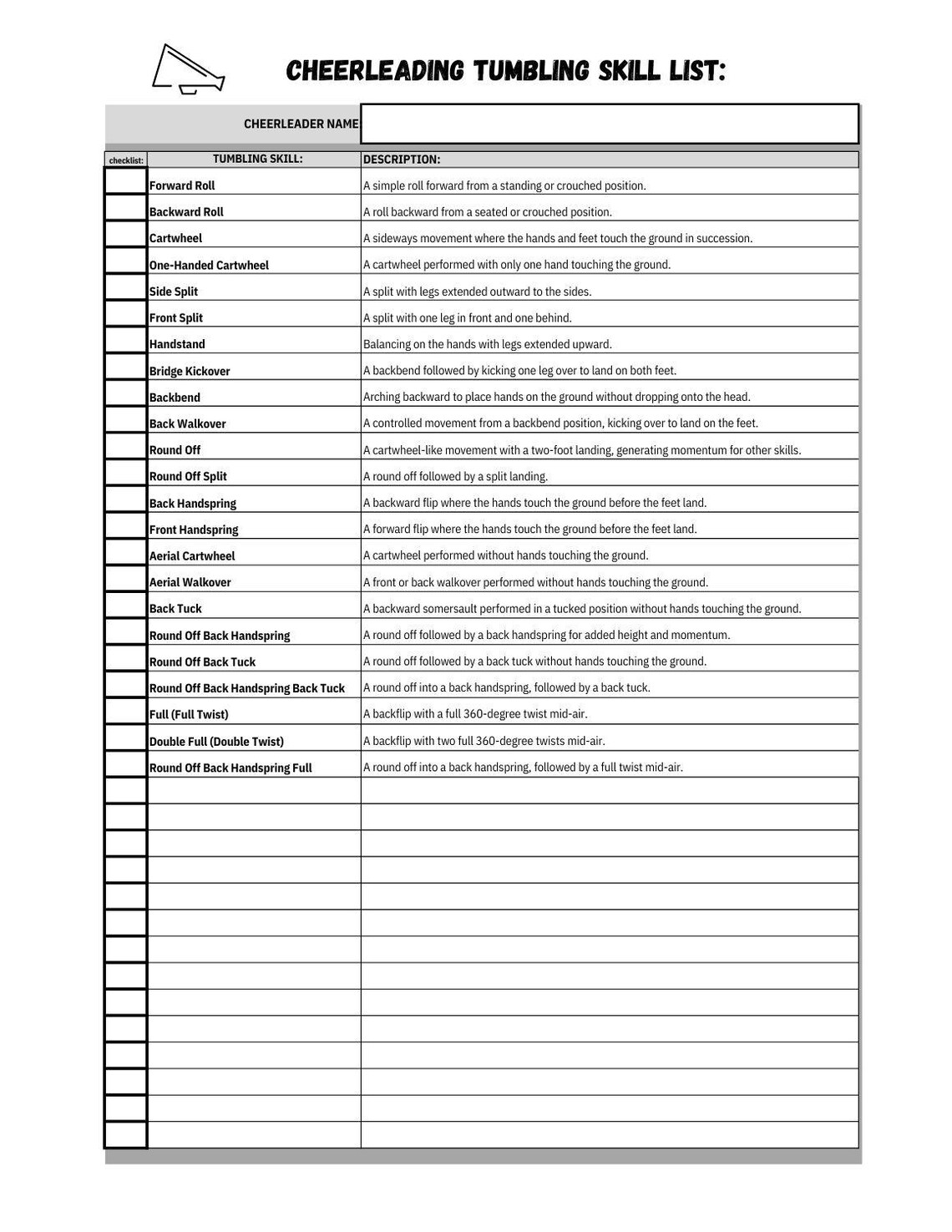 Cheerleading Skills List Sheets 11 X 8.5" | 10 Pdf Digital Downloads ...