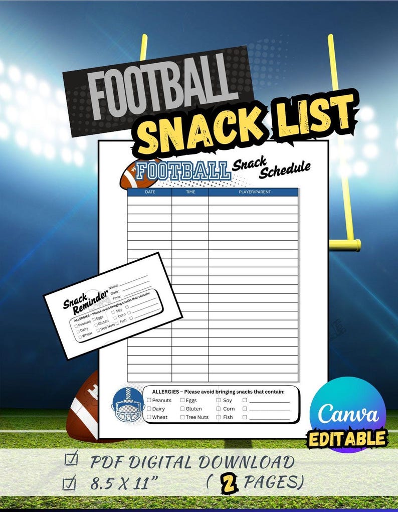 Editable Football Snack Schedule | Team Sign-up Sheet Template | Game ...