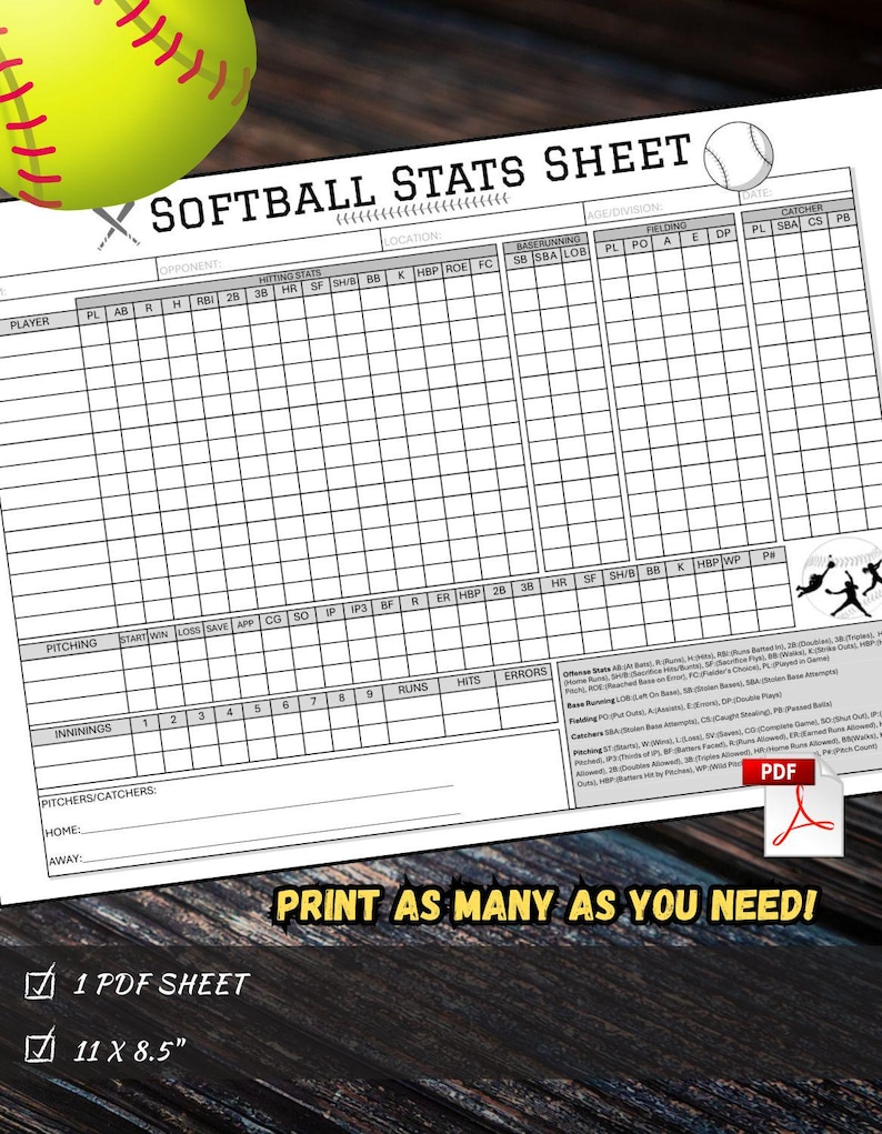 Softball Stat Sheet /PDF File Digital Download / Softball Stats | Great ...