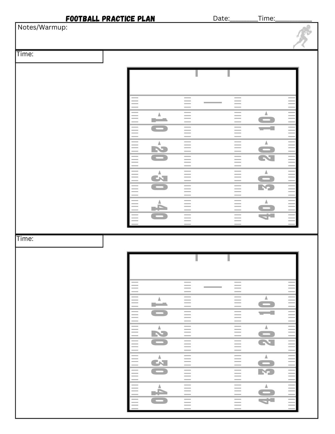 Football Field Practice Plan Sheets for Coach or Player 8.5x11 | 6 in ...