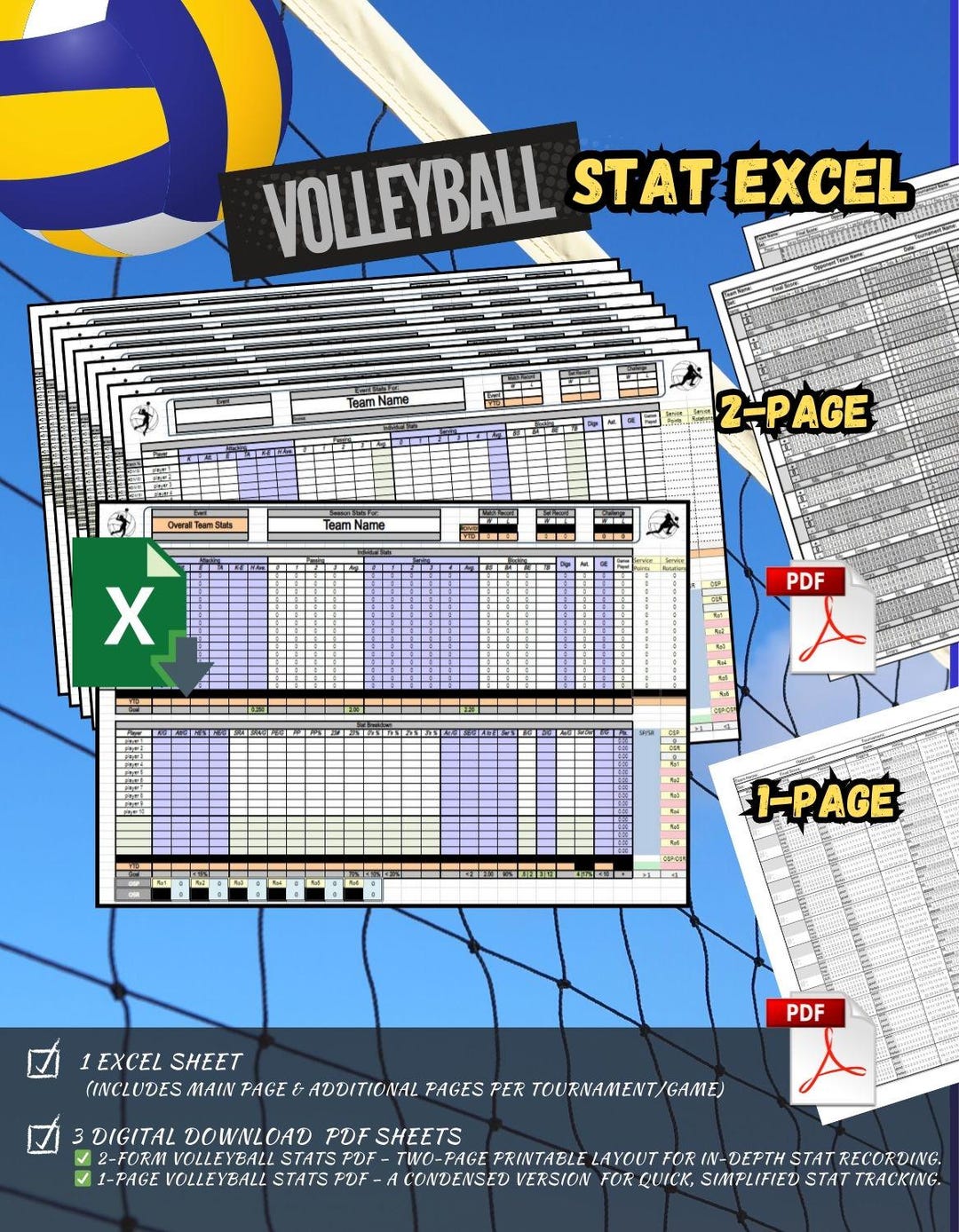 Volleyball Stat Tracker Excel Sheet & Printable PDF Forms | 2-form ...