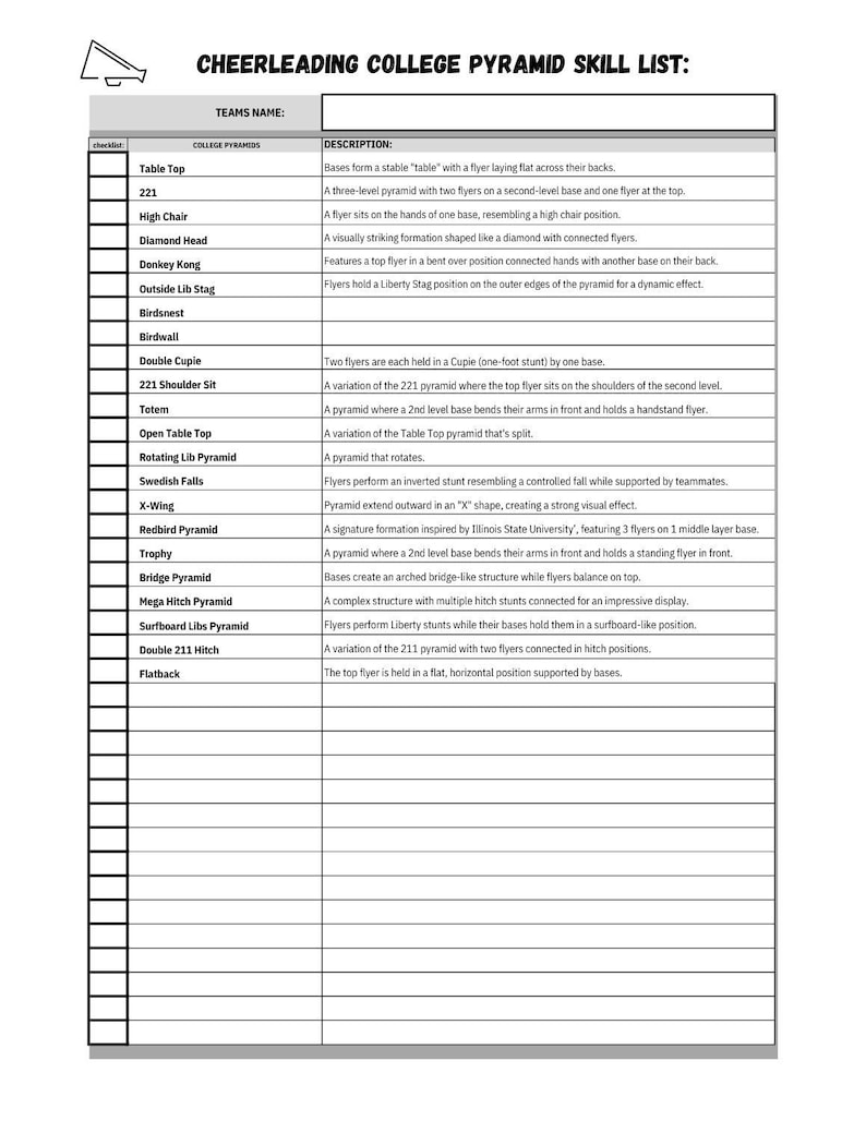 Cheerleading Skills List Sheets 11 X 8.5" | 10 Pdf Digital Downloads ...