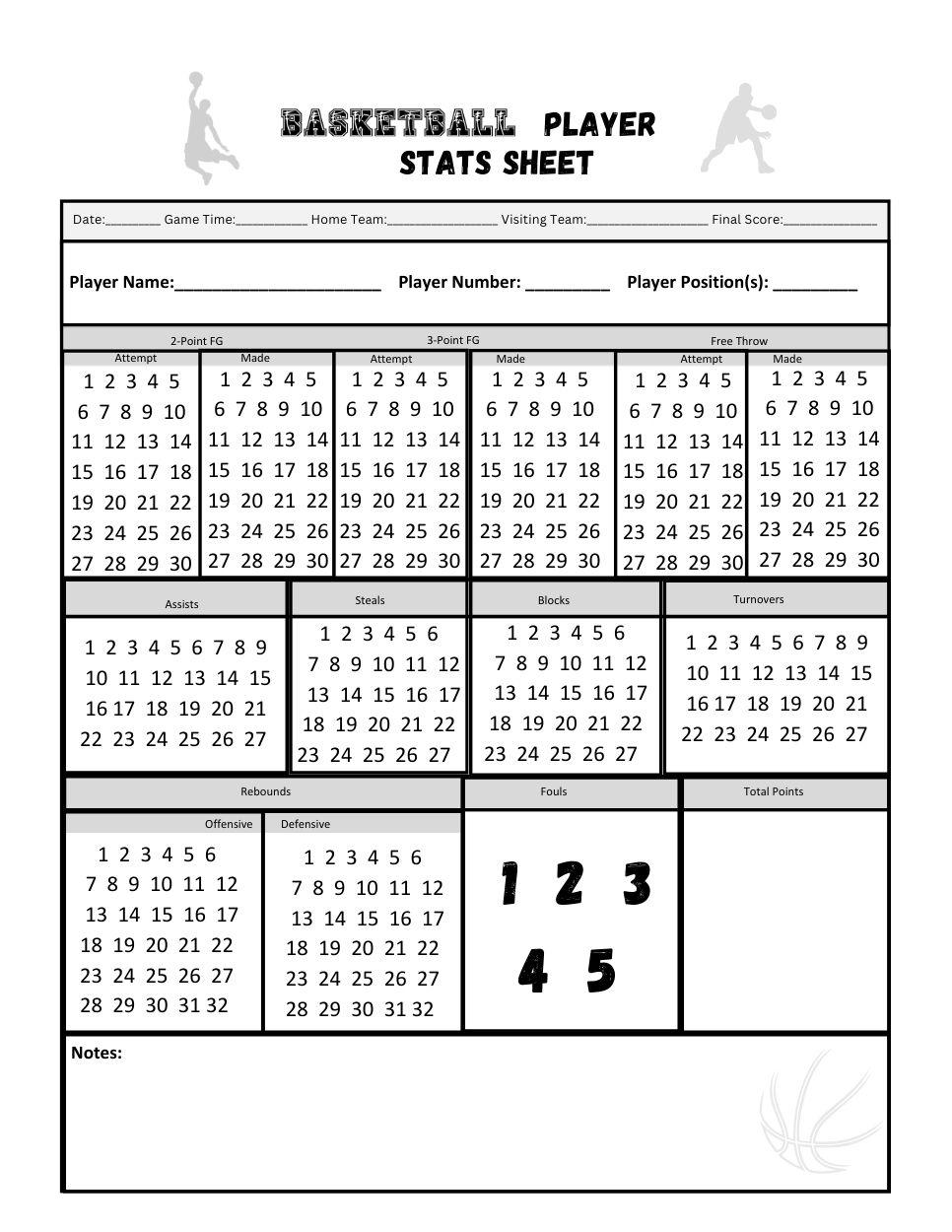 Basketball Quick and Easy 1 Player Stat Sheet for Basketball Coach or ...