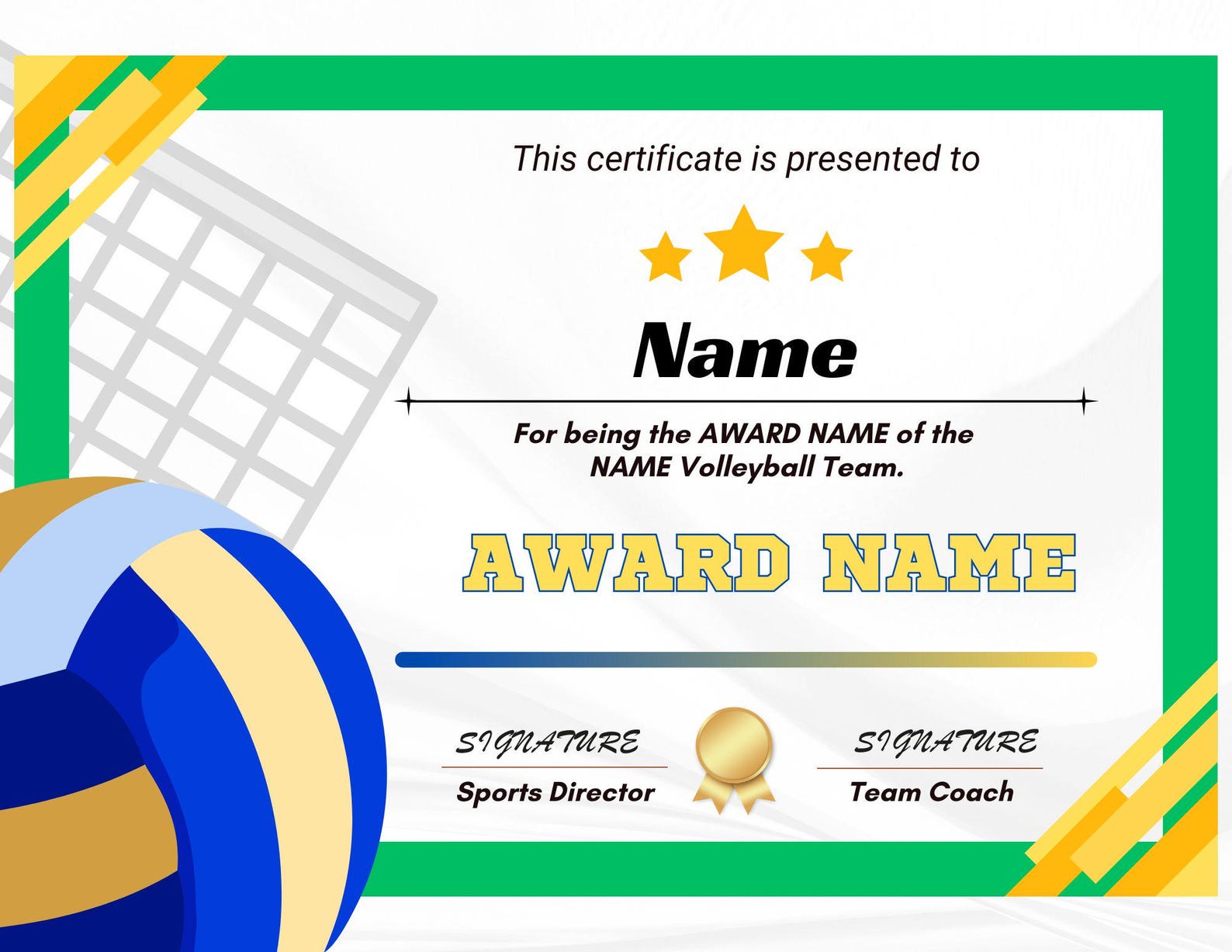 Volleyball Award Certificate Editable Canva Template | Printable Award ...