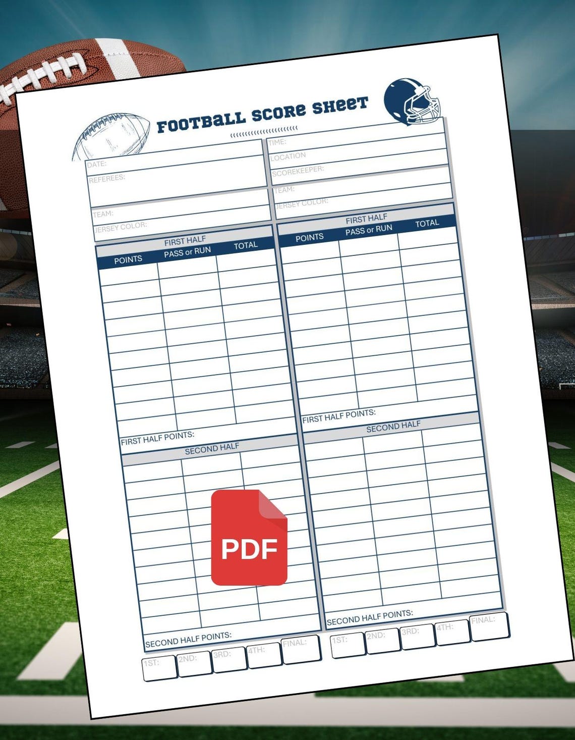 Football Score Sheet Printable | Digital Download | Game Score Tracker ...
