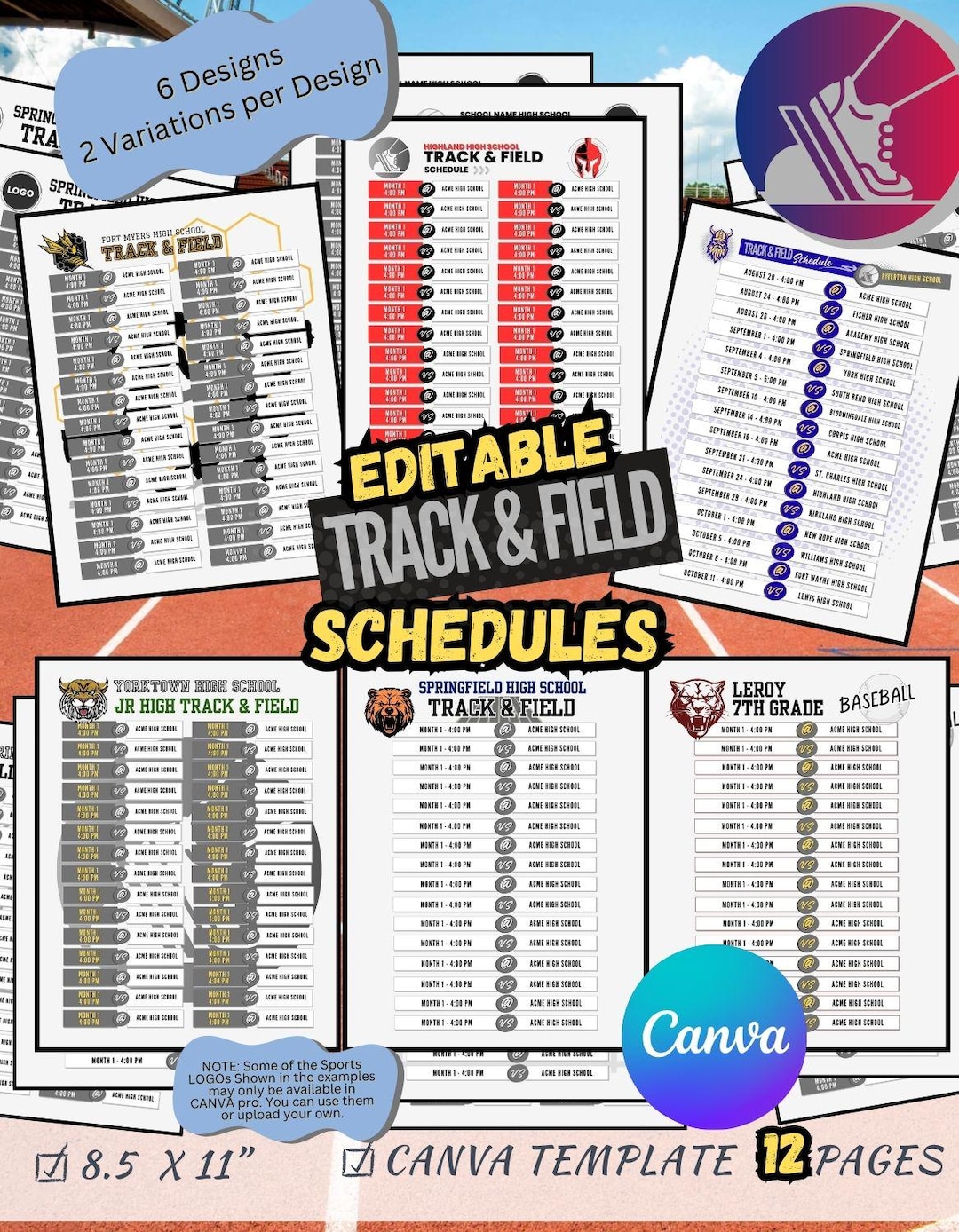 Editable Track & Field Schedule Template | 6 Designs, 2 Variations per ...
