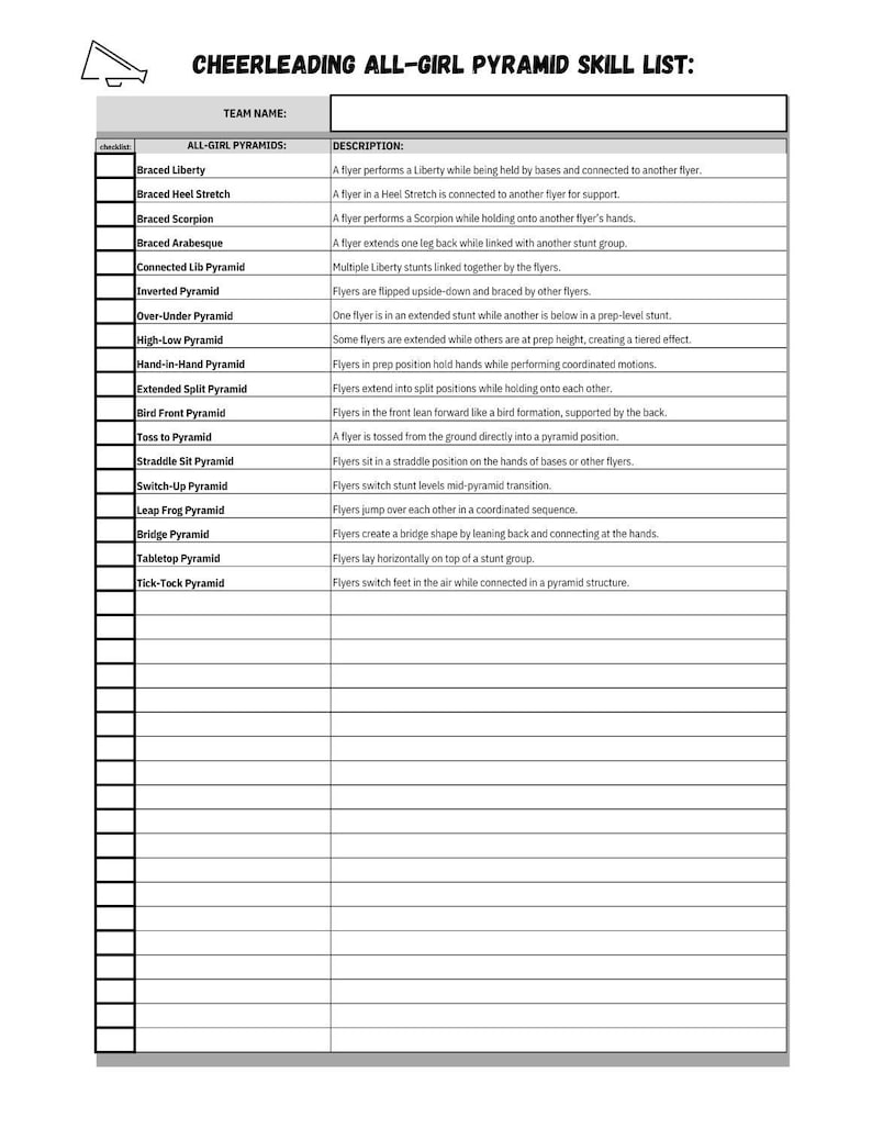Cheerleading Skills List Sheets 11 X 8.5" | 10 Pdf Digital Downloads ...