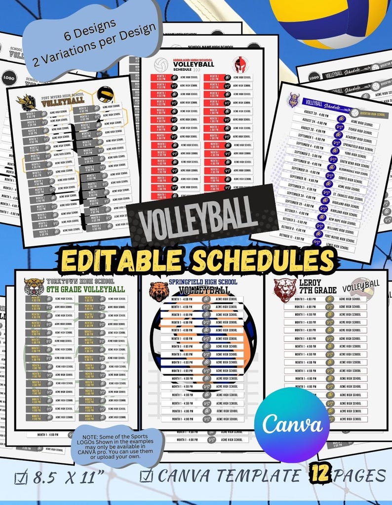 Editable Volleyball Schedule Template | 6 Designs, 2 Variations per ...