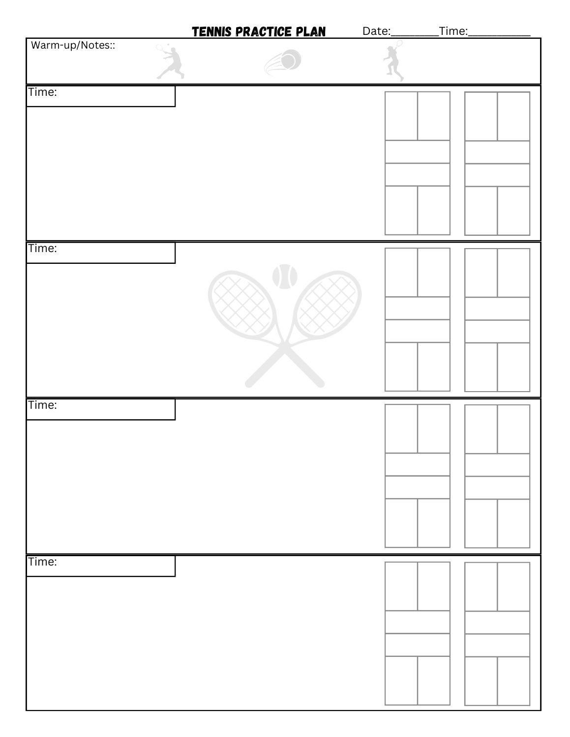 Tennis Practice Plan Sheets for Tennis Coach or Player 8.5x11 | 4 in ...