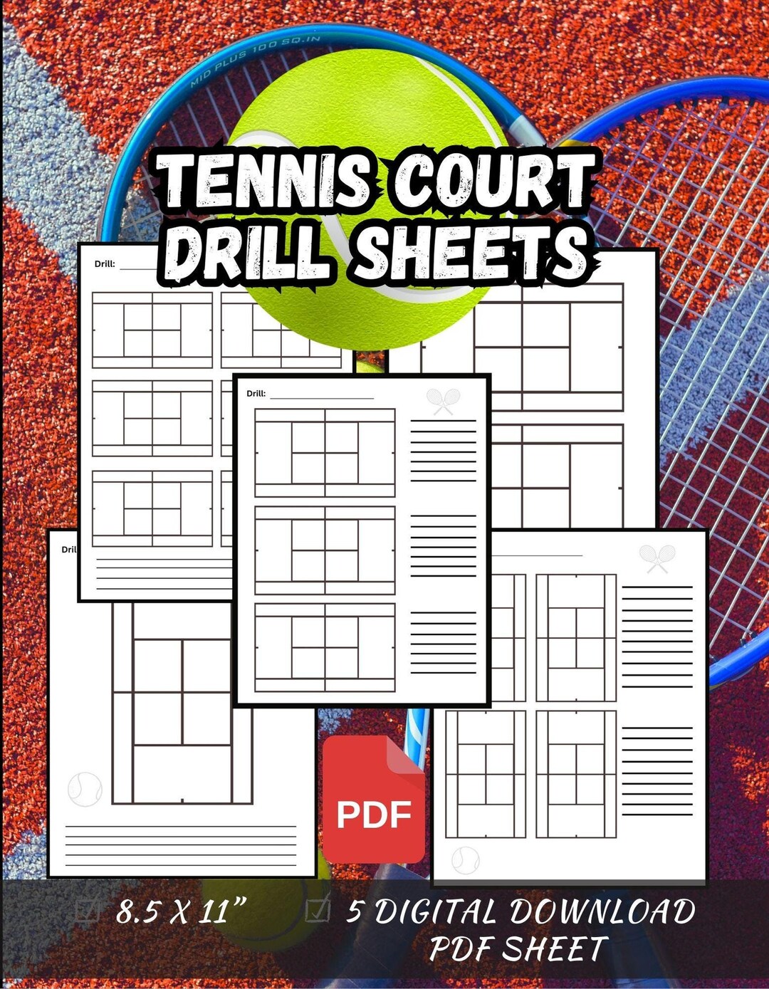 Tennis Court Drill Sheets for Tennis Coach or Player 11x8.5 | 5 in ...