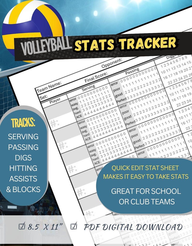 Volleyball Stat Tracker Excel Sheet & Printable PDF Forms | 2-form ...
