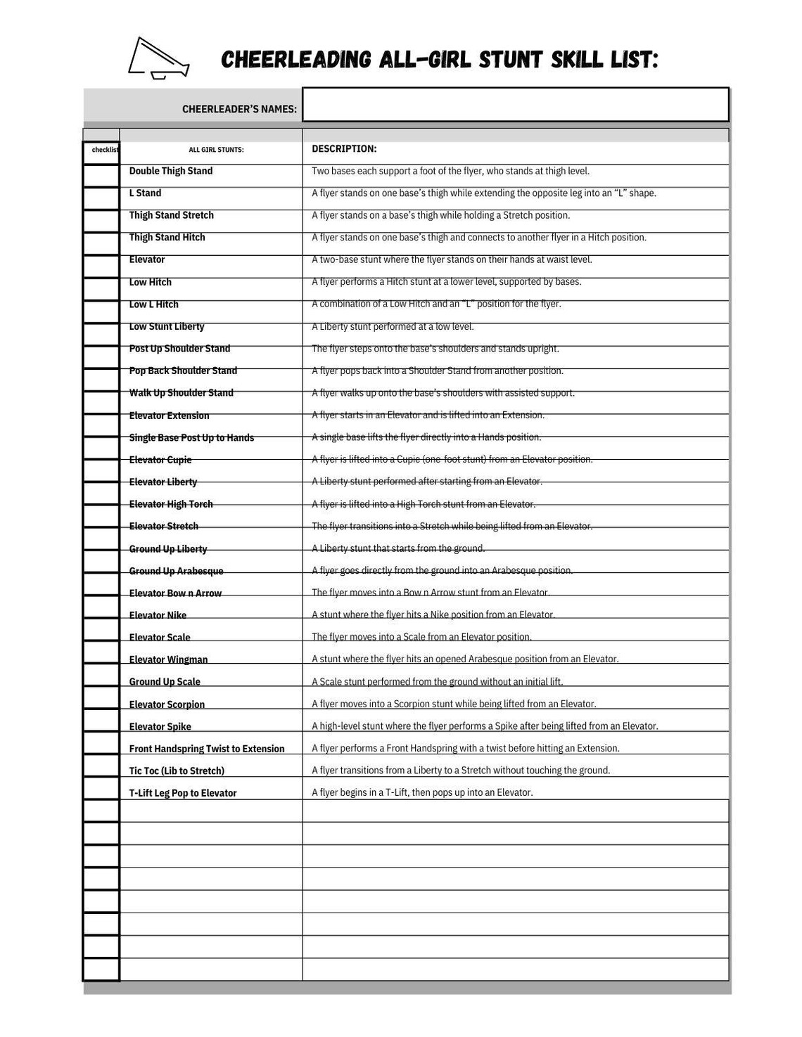 Cheerleading Skills List Sheets 11 X 8.5" | 10 Pdf Digital Downloads ...