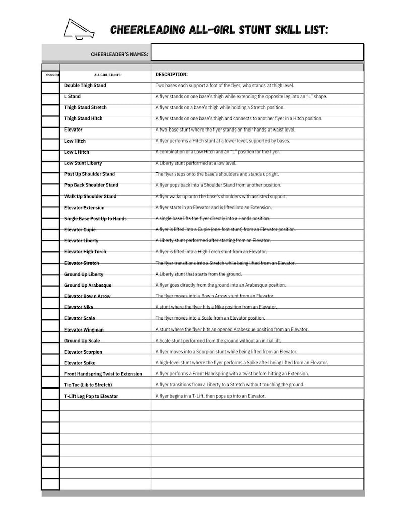 Cheerleading Skills List Sheets 11 X 8.5" | 10 Pdf Digital Downloads ...