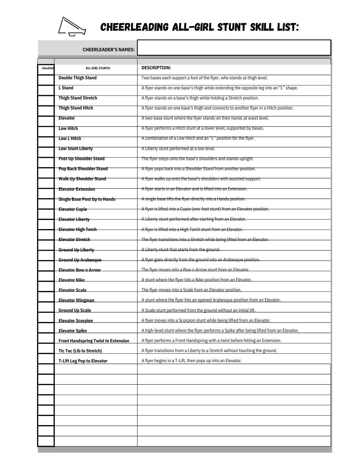 Cheerleading Skills List Sheets 11 X 8.5" | 10 Pdf Digital Downloads ...
