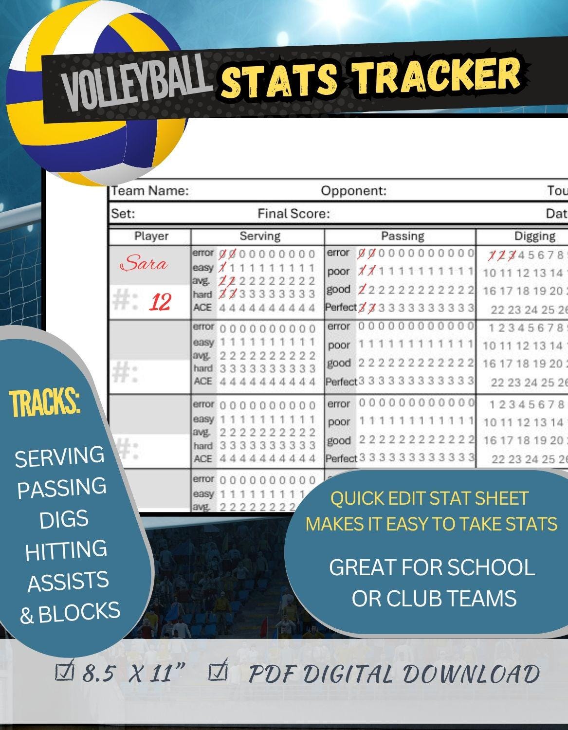Volleyball Stats Tracker PDF | Track Serving Passing Hitting, Digging ...