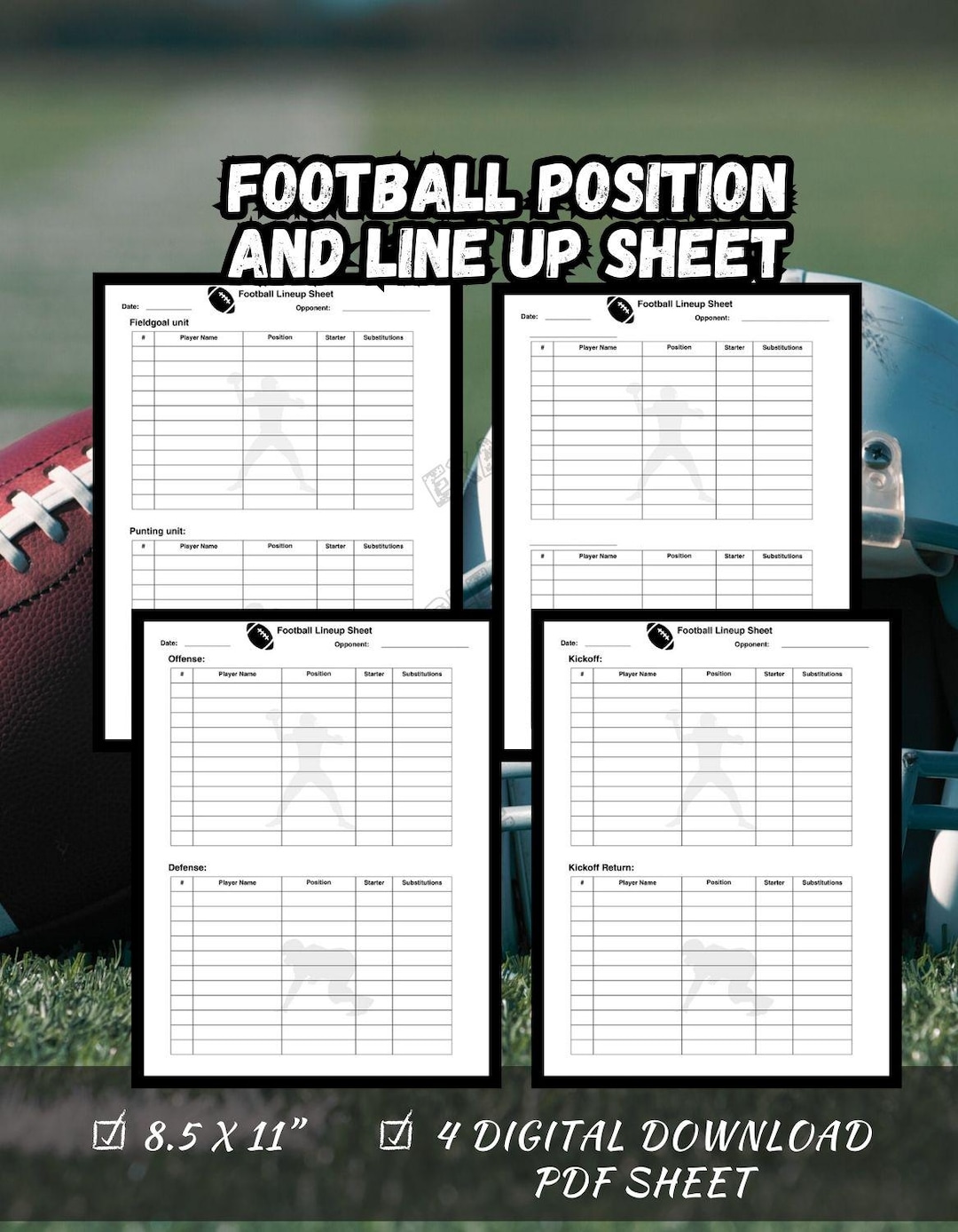 Football Position and Line up Sheets 8.5x11" | 4 Digital Downloads ...
