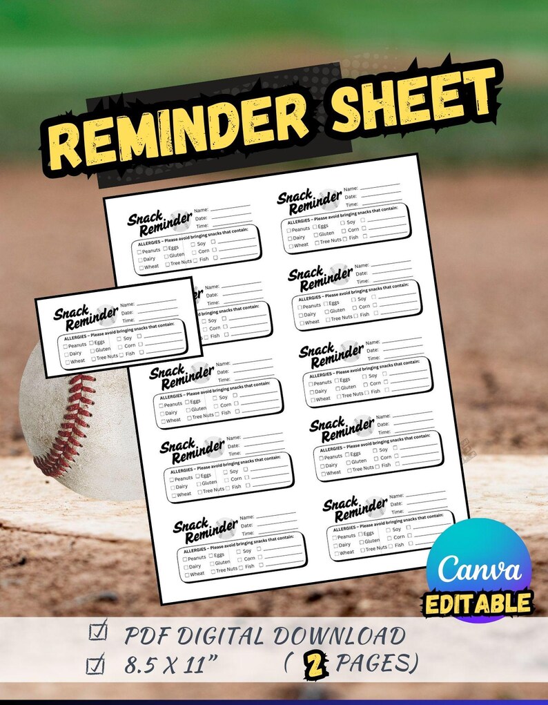 Editable BASEBALL Snack Schedule | Team Sign-up Sheet Template | Game ...