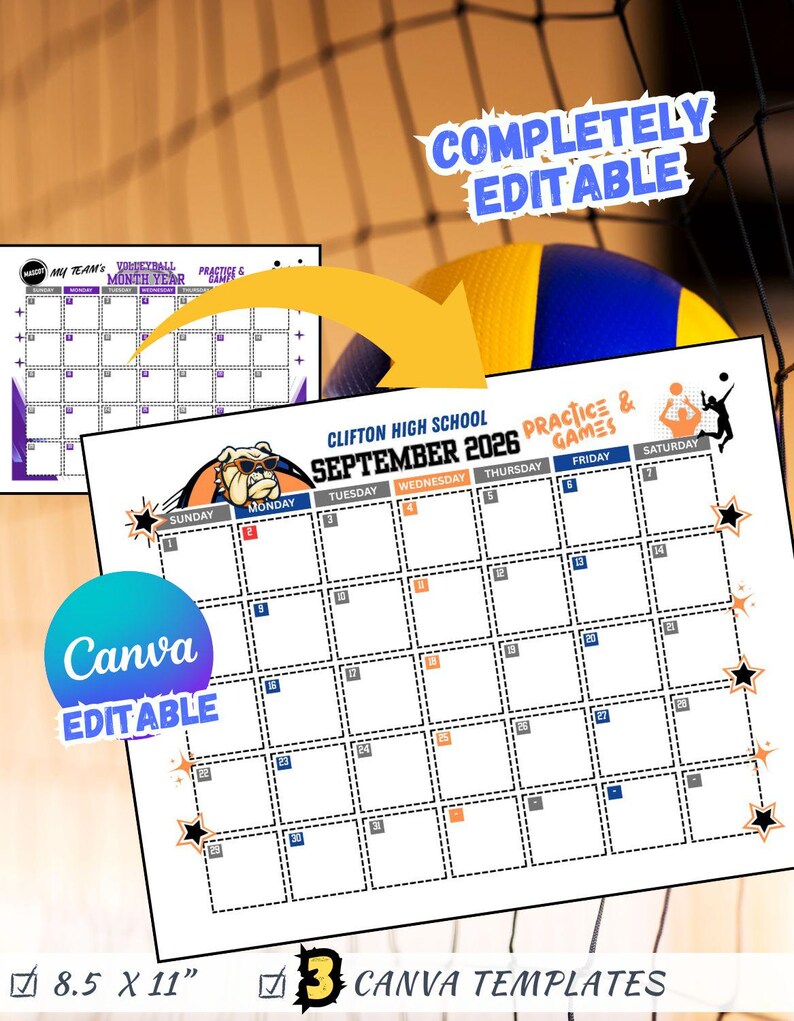 Volleyball Season Calendar Template | Editable Practice & Game Schedule ...
