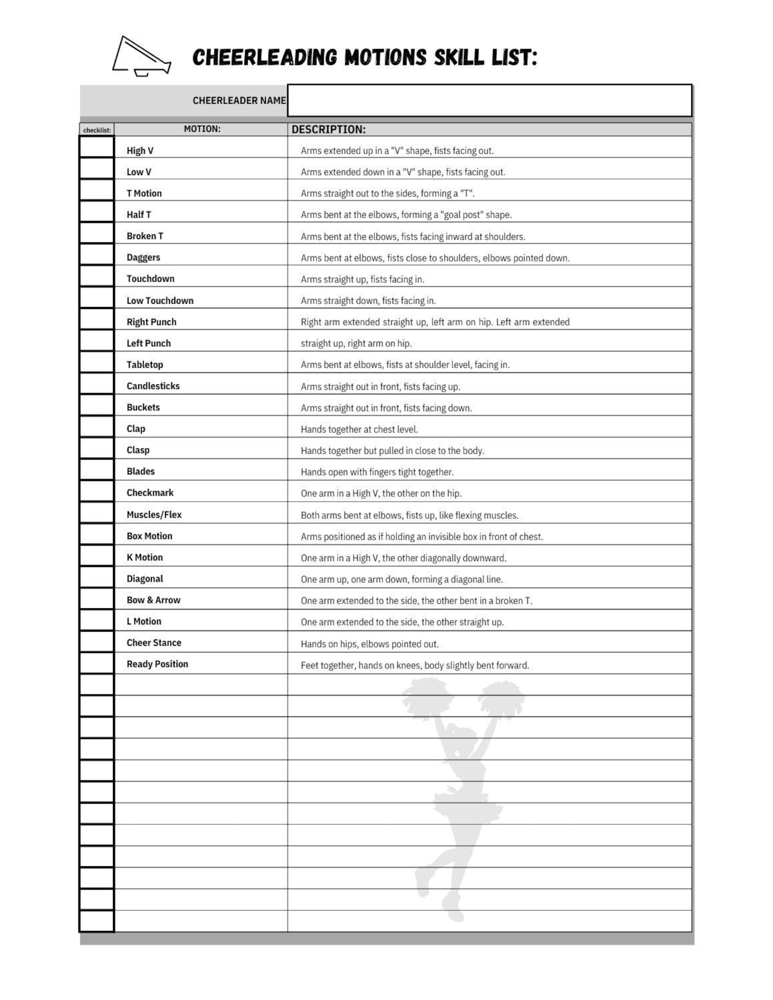 Cheerleading Skills List Sheets 11 X 8.5" | 10 Pdf Digital Downloads ...