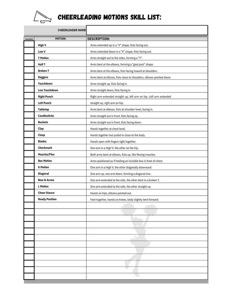 Cheerleading Skills List Sheets 11 X 8.5" | 10 Pdf Digital Downloads ...