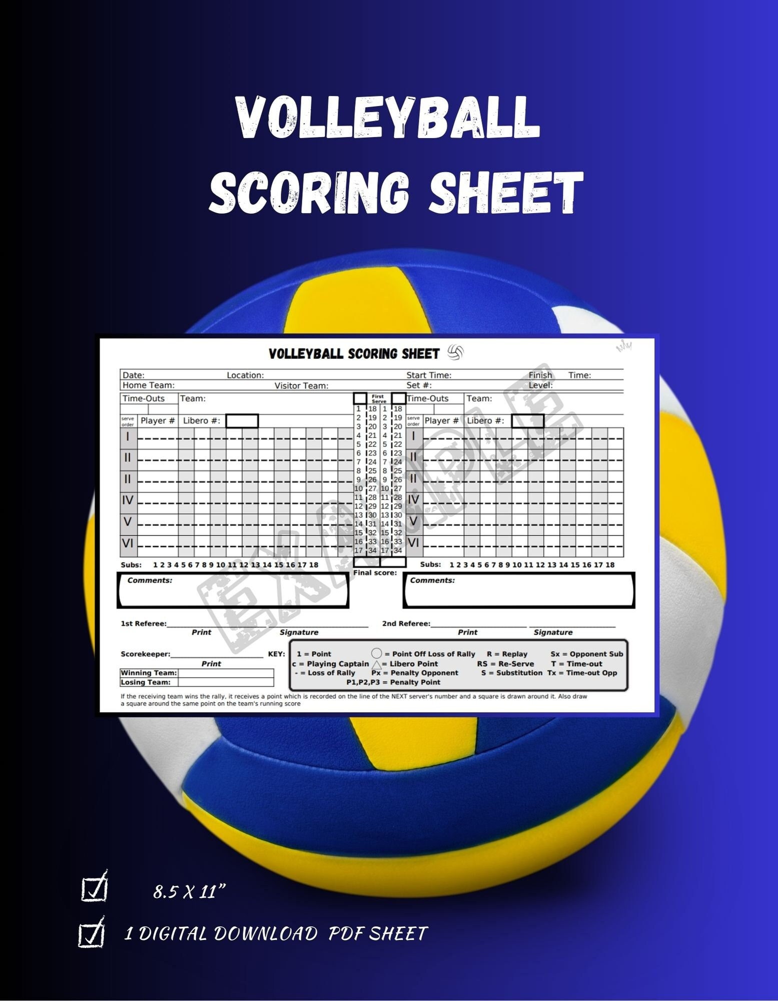 Volleyball Scoring Sheet for Volleyball Coach 11x8.5” | Digital ...