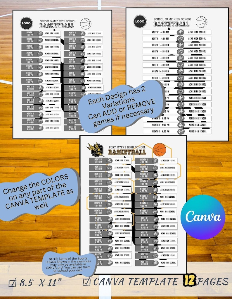 Editable Basketball Schedule Template | 6 Designs, 2 Variations per ...