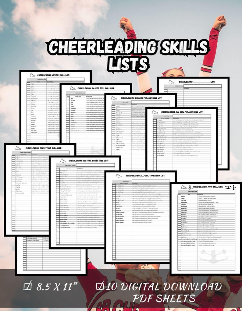 Cheerleading Skills List Sheets 11 X 8.5" | 10 Pdf Digital Downloads ...