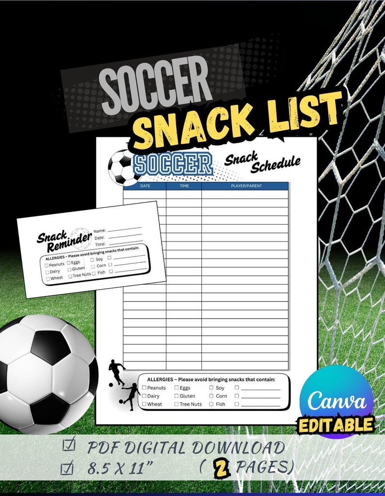 Editable SOCCER Snack Schedule | Team Sign-up Sheet Template | Game Day ...