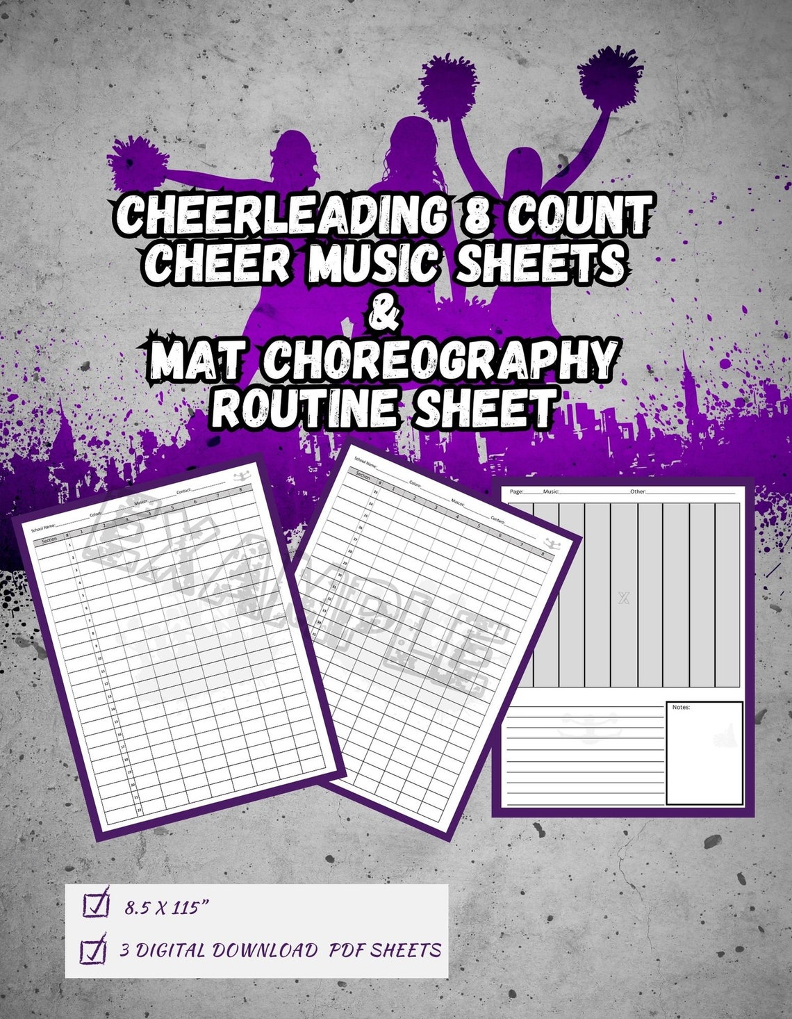 Cheerleading 8 Count Music Sheets and Cheer Routine Mats Sheet 8.5x11 ...