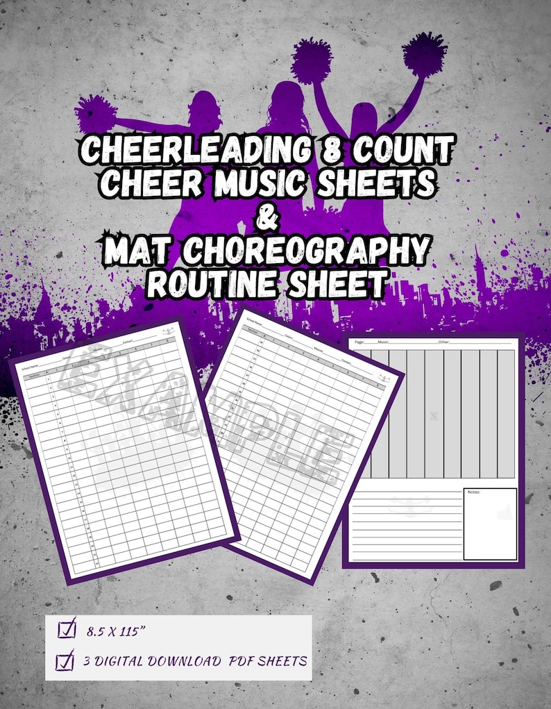 Cheerleading 8 Count Music Sheets and Cheer Routine Mats Sheet 8.5x11 ...
