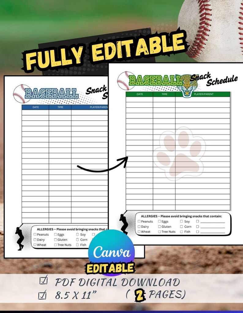 Editable BASEBALL Snack Schedule | Team Sign-up Sheet Template | Game ...