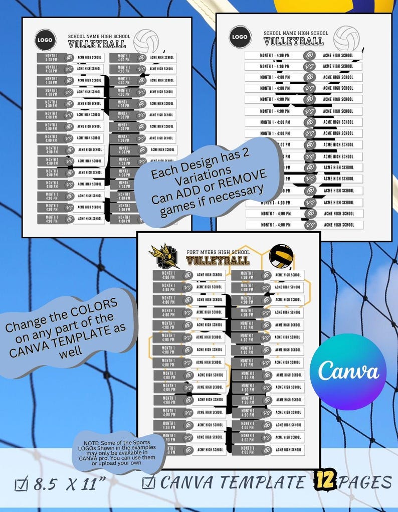 Editable Volleyball Schedule Template | 6 Designs, 2 Variations per ...