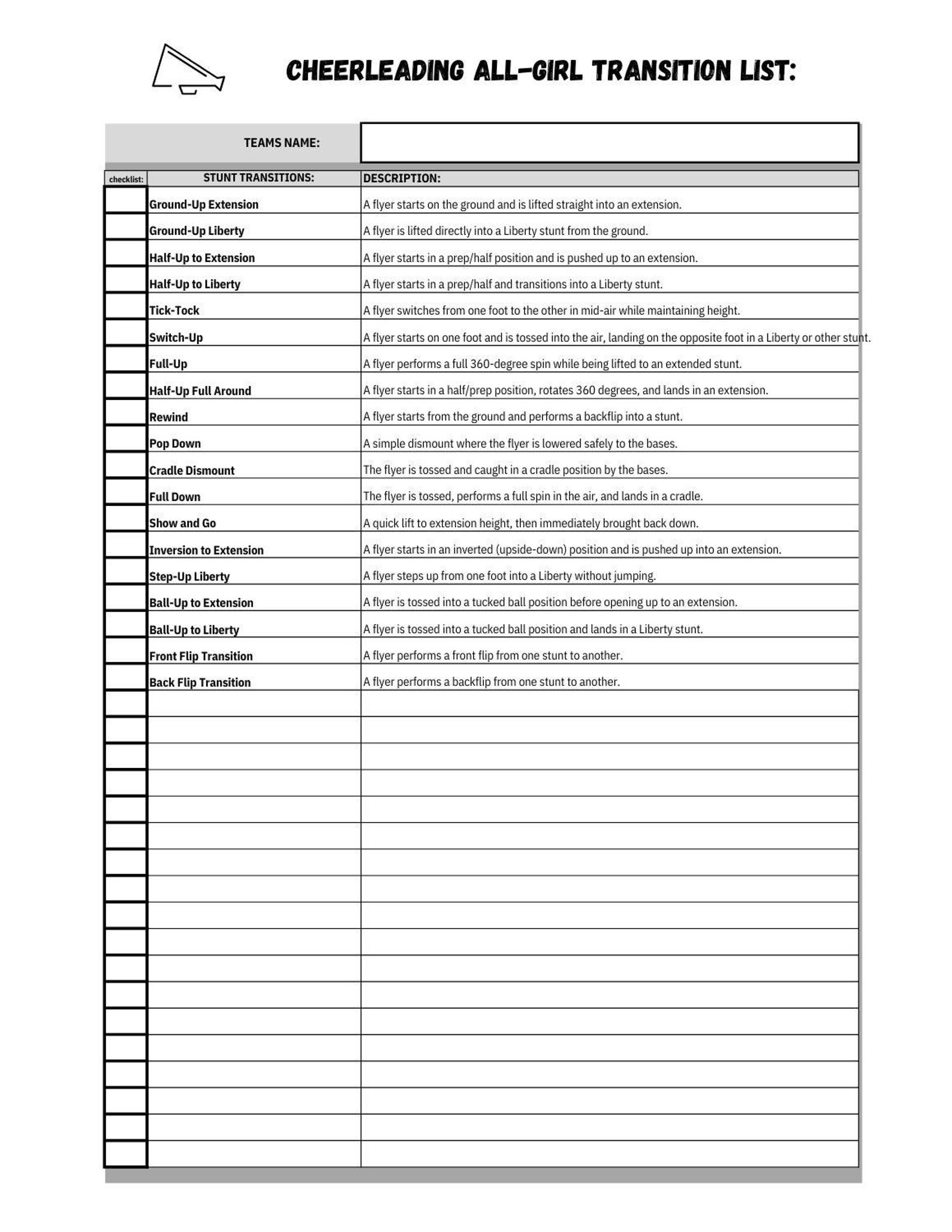 Cheerleading Skills List Sheets 11 X 8.5" | 10 Pdf Digital Downloads ...