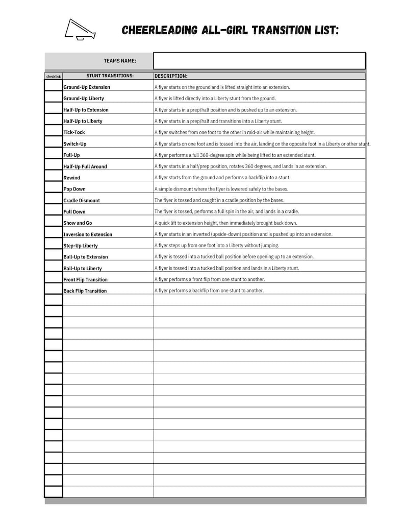 Cheerleading Skills List Sheets 11 X 8.5" | 10 Pdf Digital Downloads ...