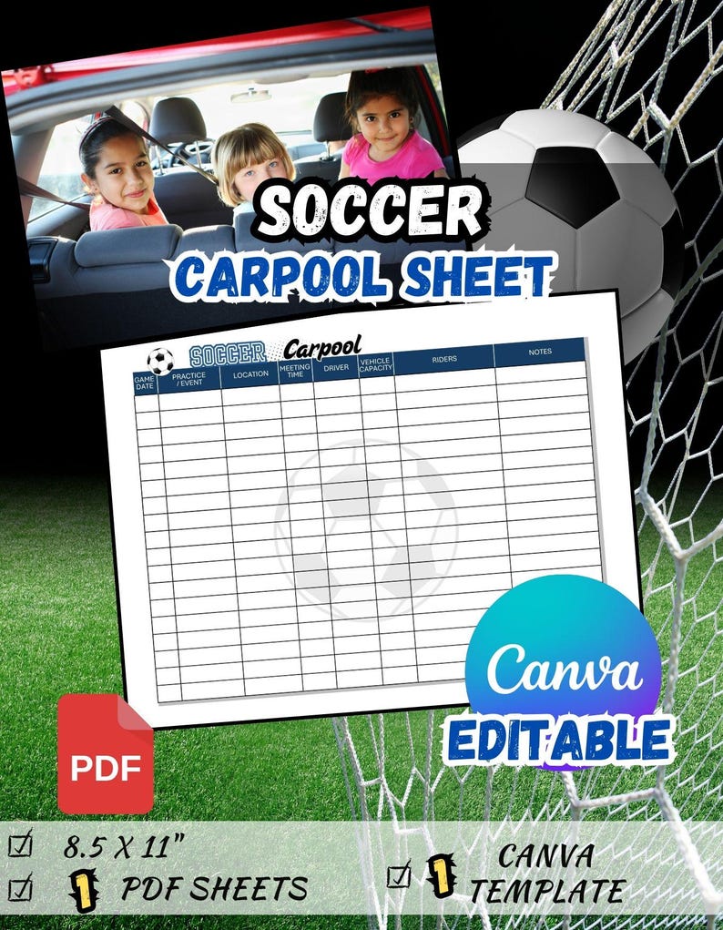 Editable SOCCER Carpool Schedule | Player Sign-up Sheet Template | Game Day Carpool Scheduling ...