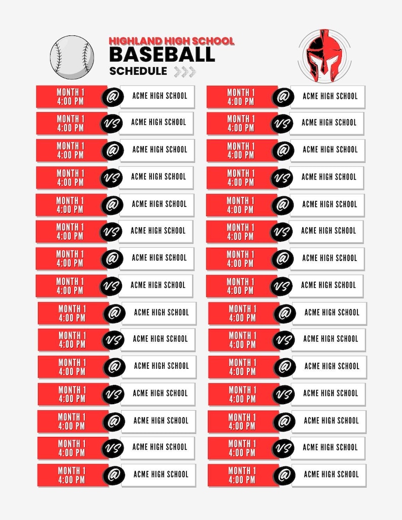 Editable BASEBALL Schedule Template | 6 Designs, 2 Variations per ...