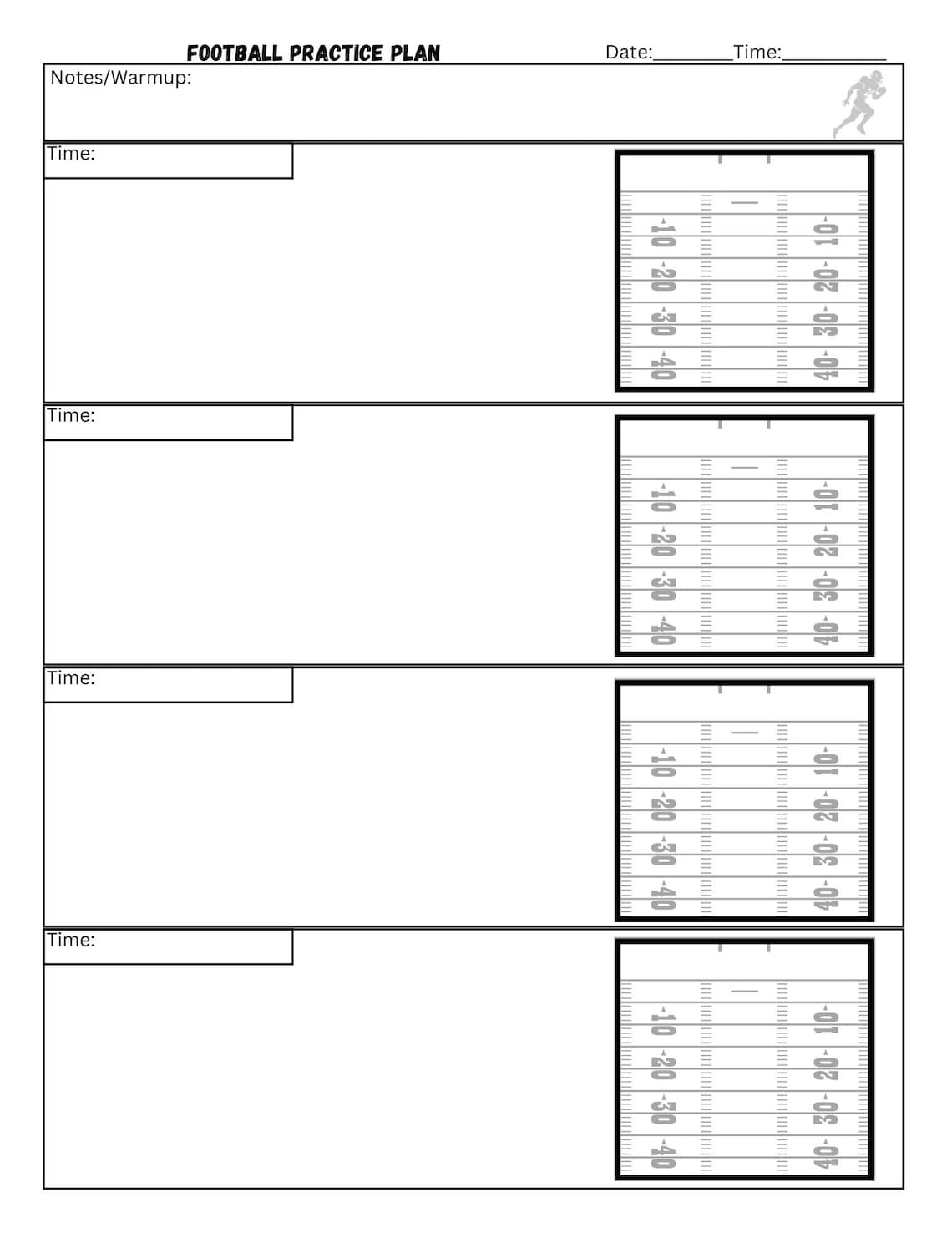 Football Field Practice Plan Sheets for Coach or Player 8.5x11 | 6 in ...