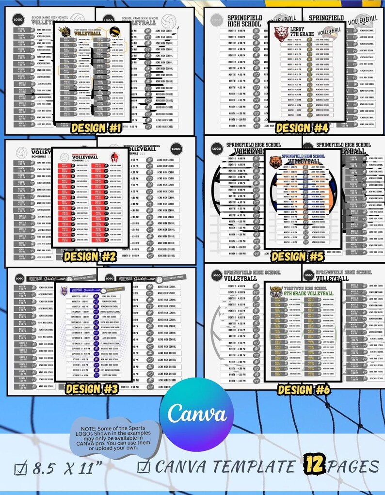 Editable Volleyball Schedule Template | 6 Designs, 2 Variations per ...
