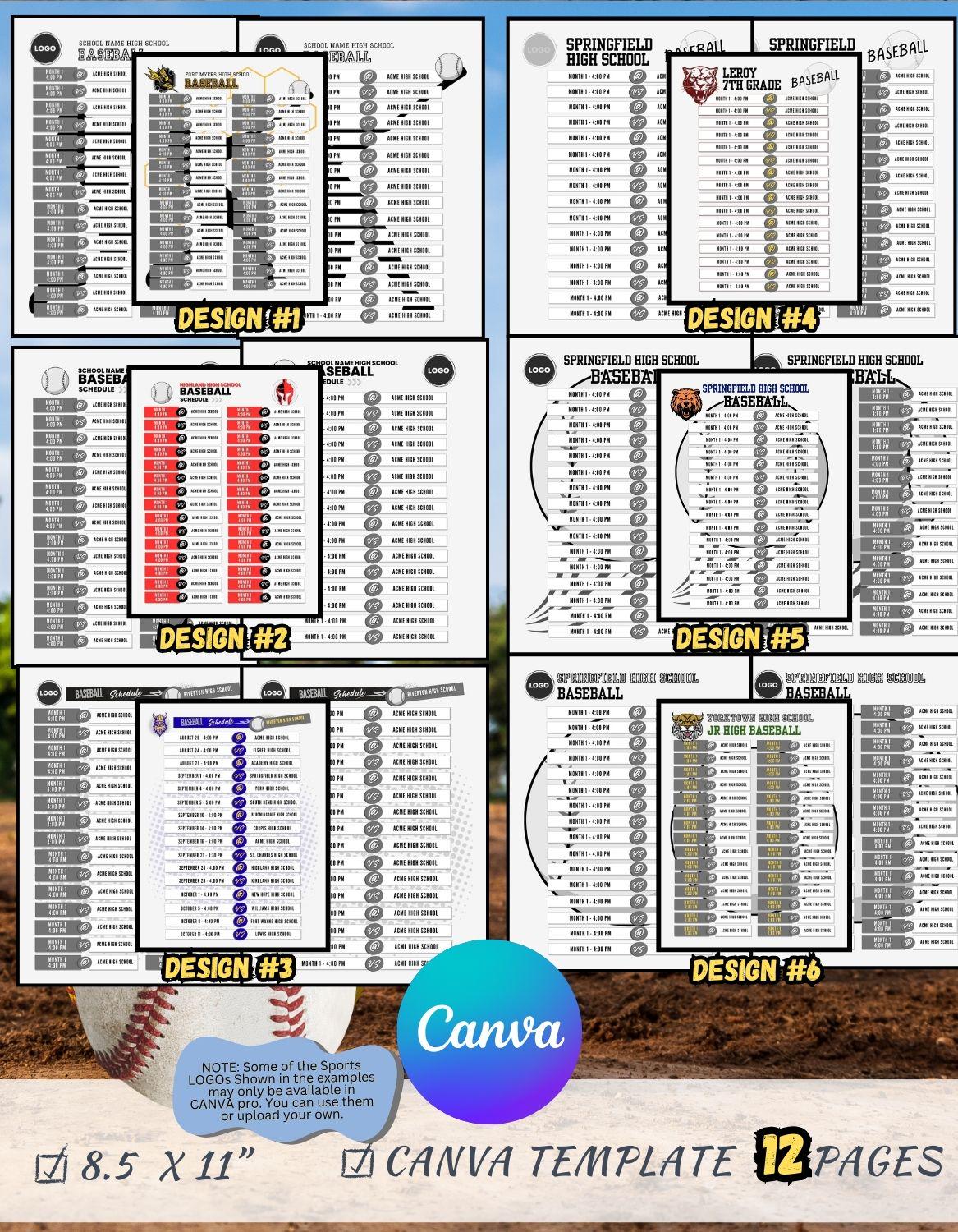 Editable BASEBALL Schedule Template | 6 Designs, 2 Variations per ...