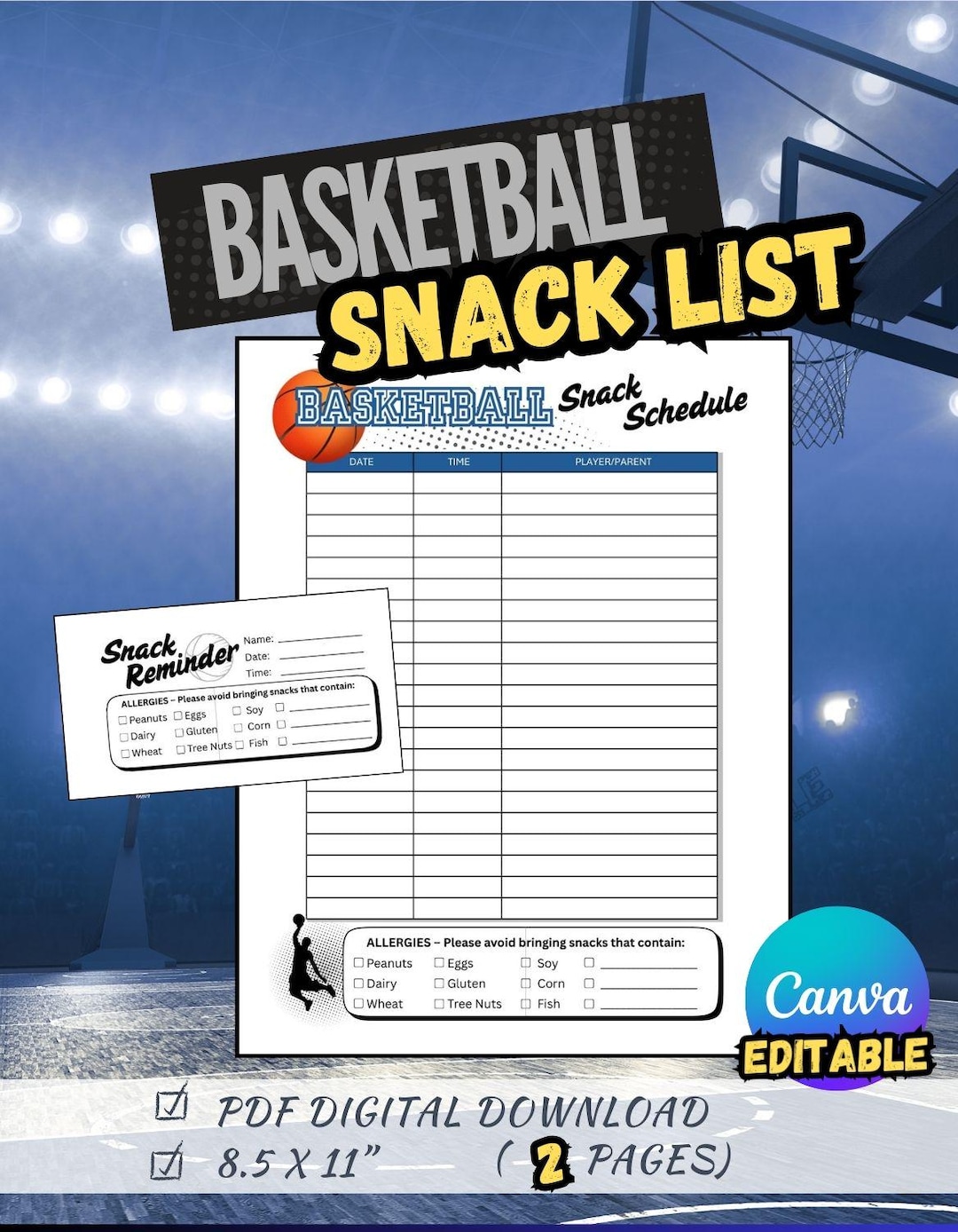 Editable BASKETBALL Snack Schedule | Team Sign-up Sheet Template | Game ...