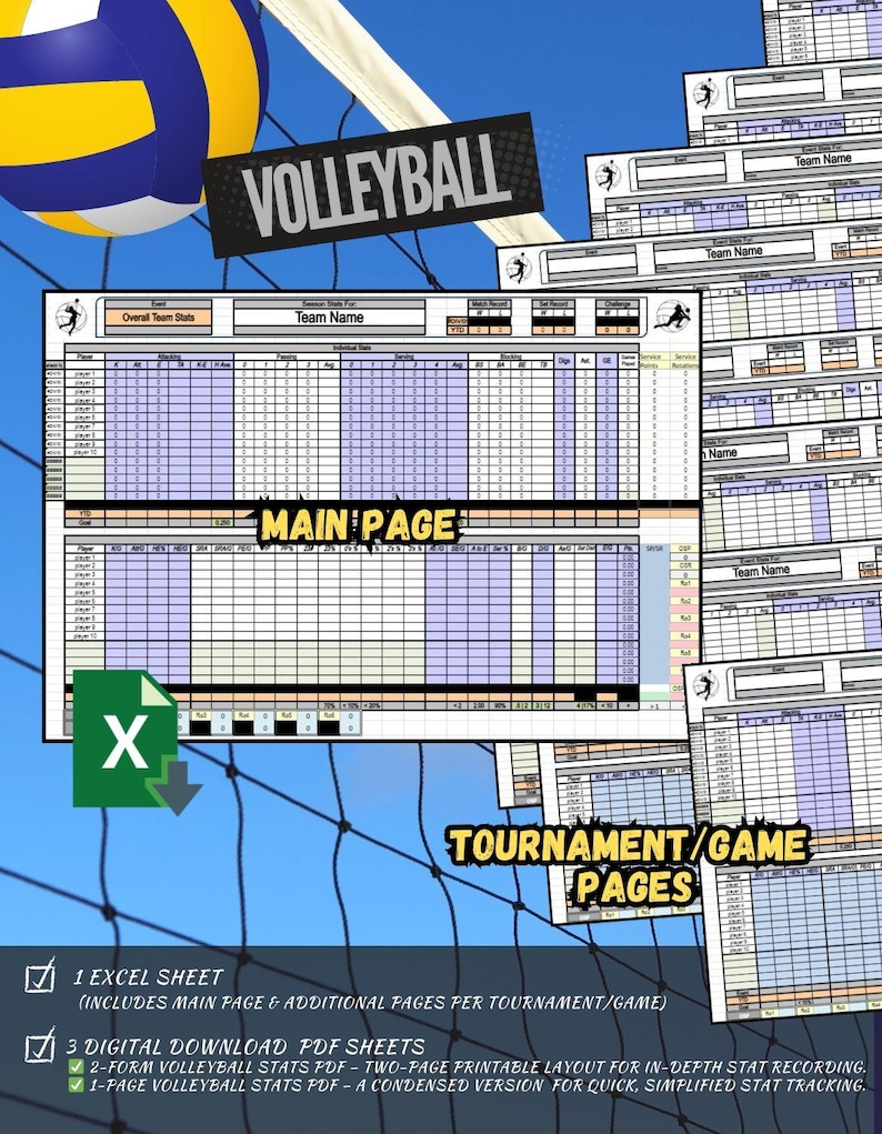 Volleyball Stat Tracker Excel Sheet & Printable PDF Forms | 2-form ...