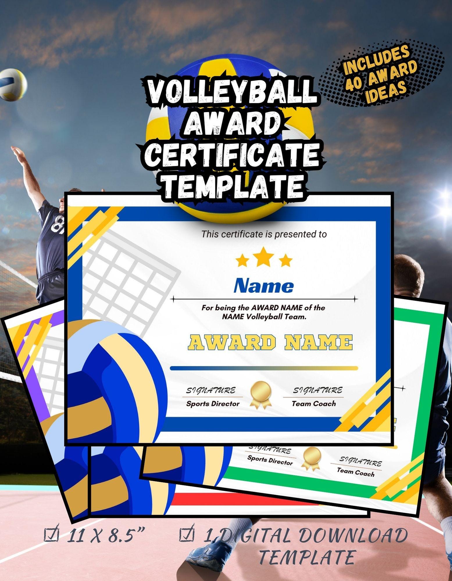 Volleyball Award Certificate Editable Canva Template | Printable Award ...