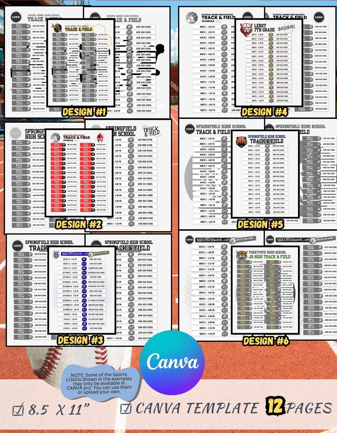 Editable Track & Field Schedule Template | 6 Designs, 2 Variations per ...